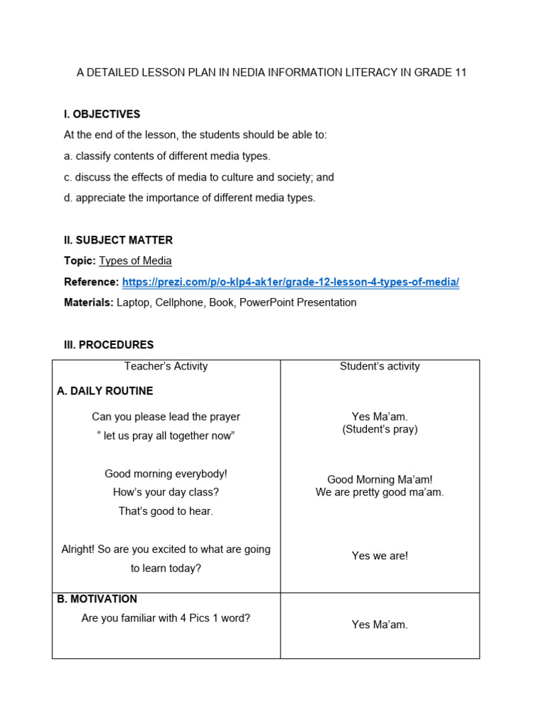 Grade 11 Media Literacy Lesson Plan | PDF | Mass Media | Technological ...