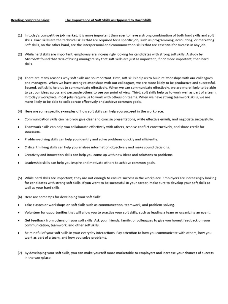 Reading Comprehension and Vocabulary On Soft Skills | PDF | Skill ...