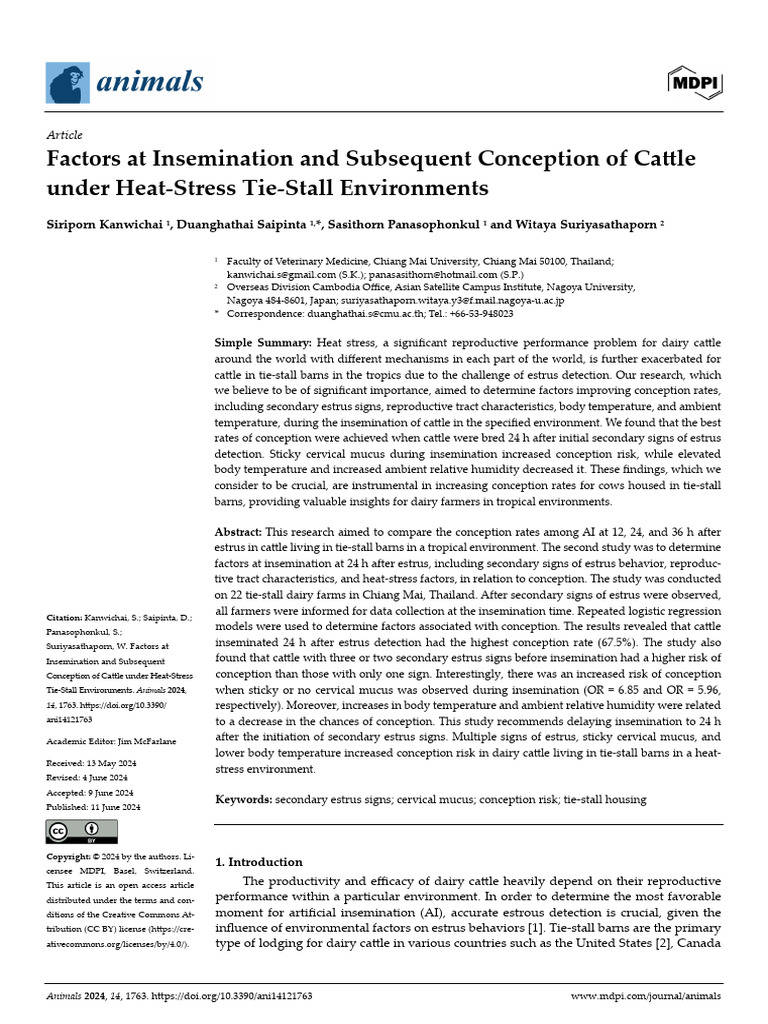 Factors at Insemination and Subsequent Conception of Cattle under Heat ...