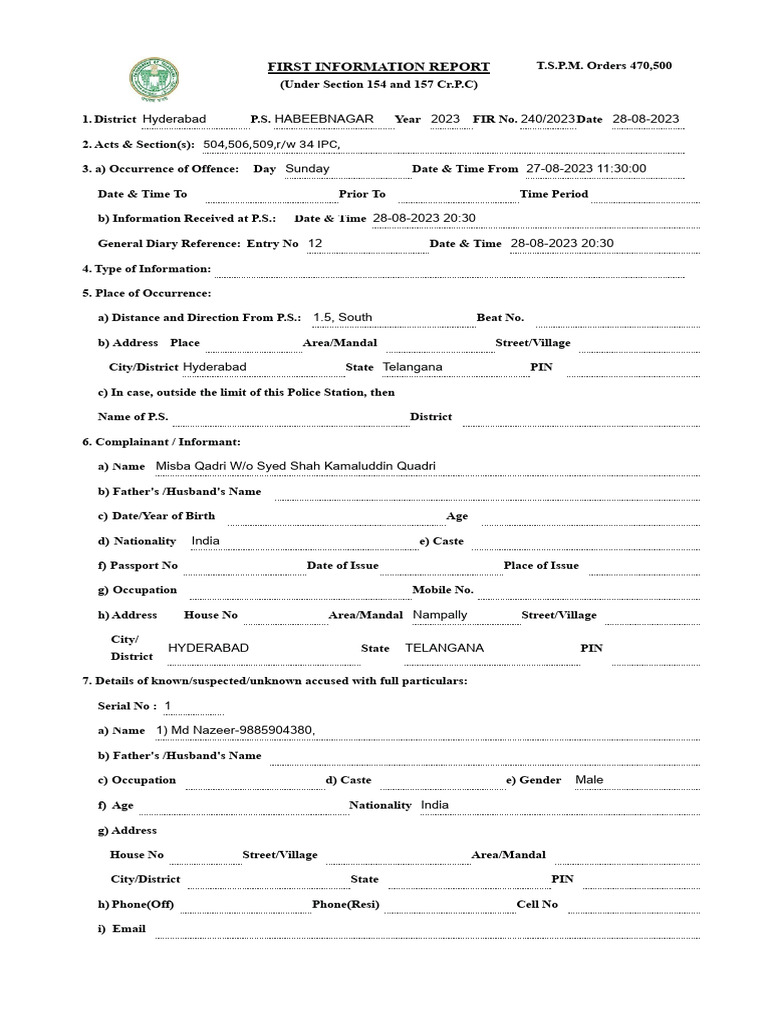 240-2023 - FIRST INFORMATION REPORT | Download Free PDF | Crimes ...