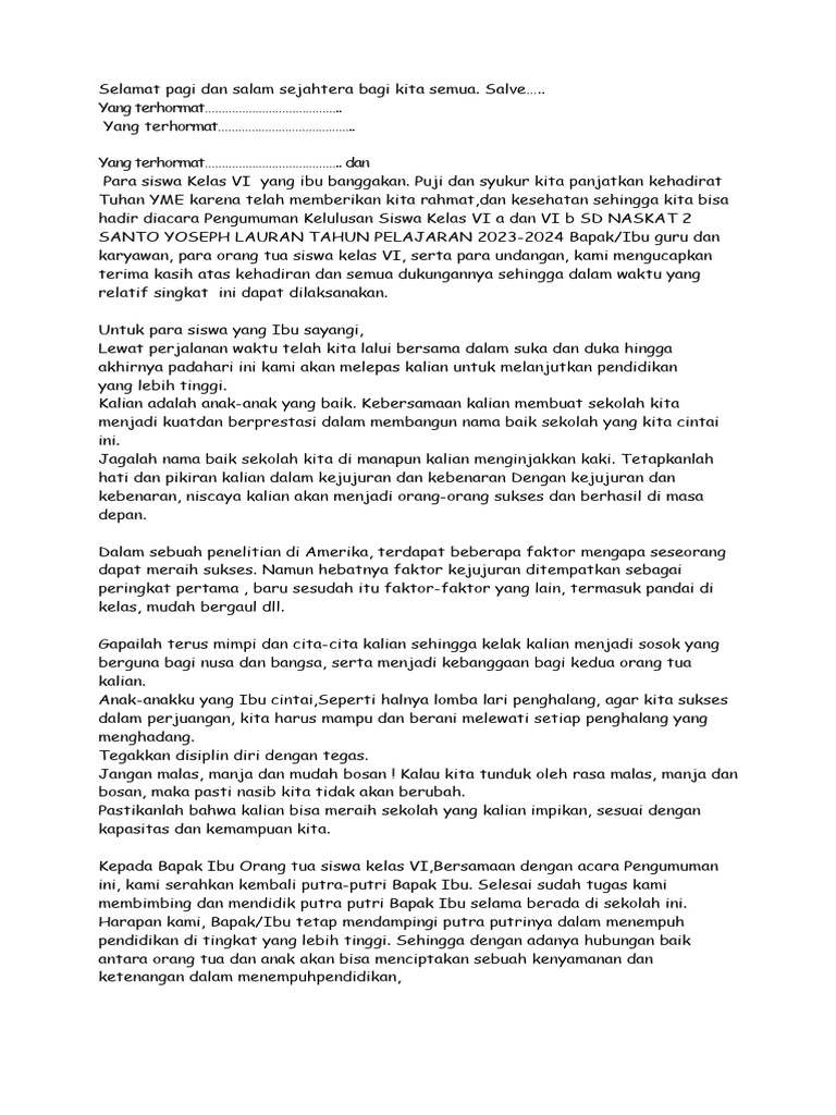 Kata Sambutan Kepsek Dalam Acara Kelulusan 2024 | PDF