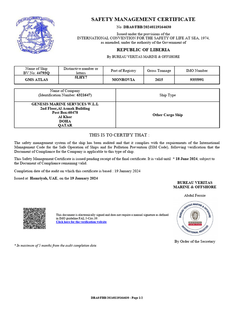 Safety Management Certificate for GMS ATLAS | PDF | Water Transport ...
