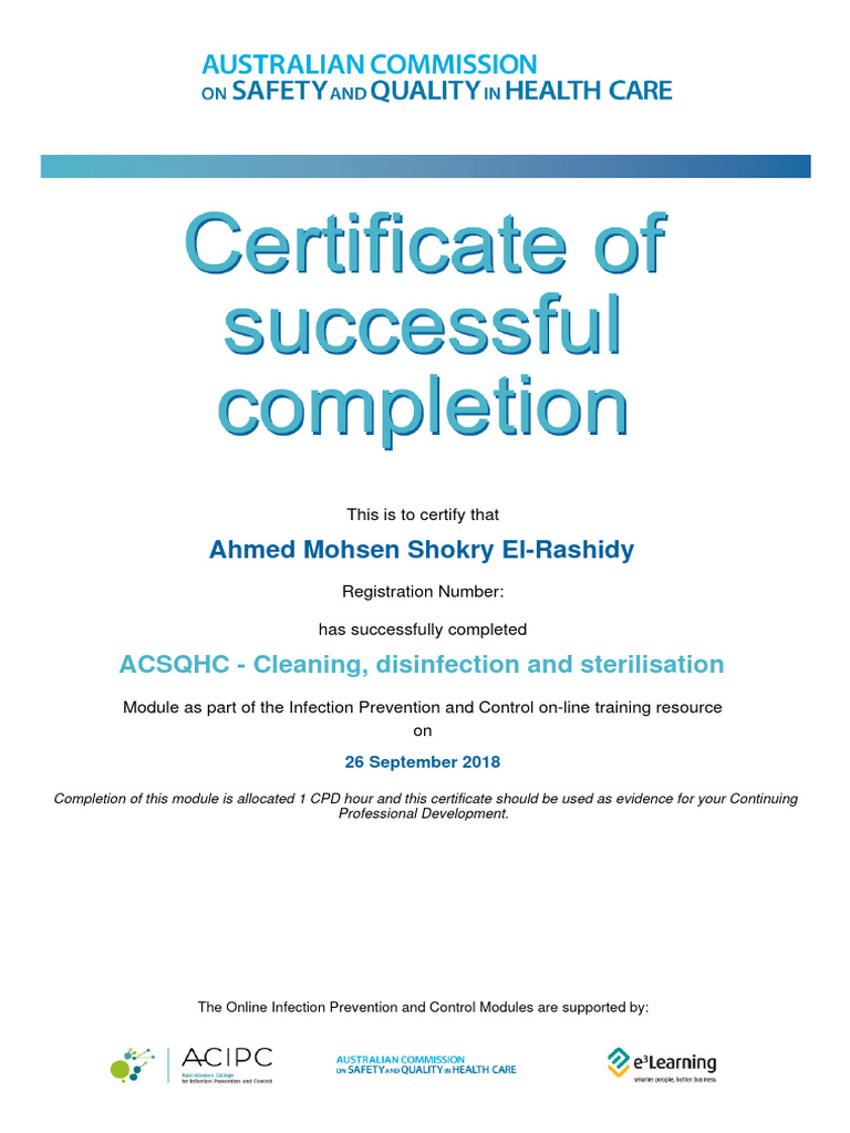 ACSQHC Cleaning, Disinfection and Sterilisation Certificate | PDF