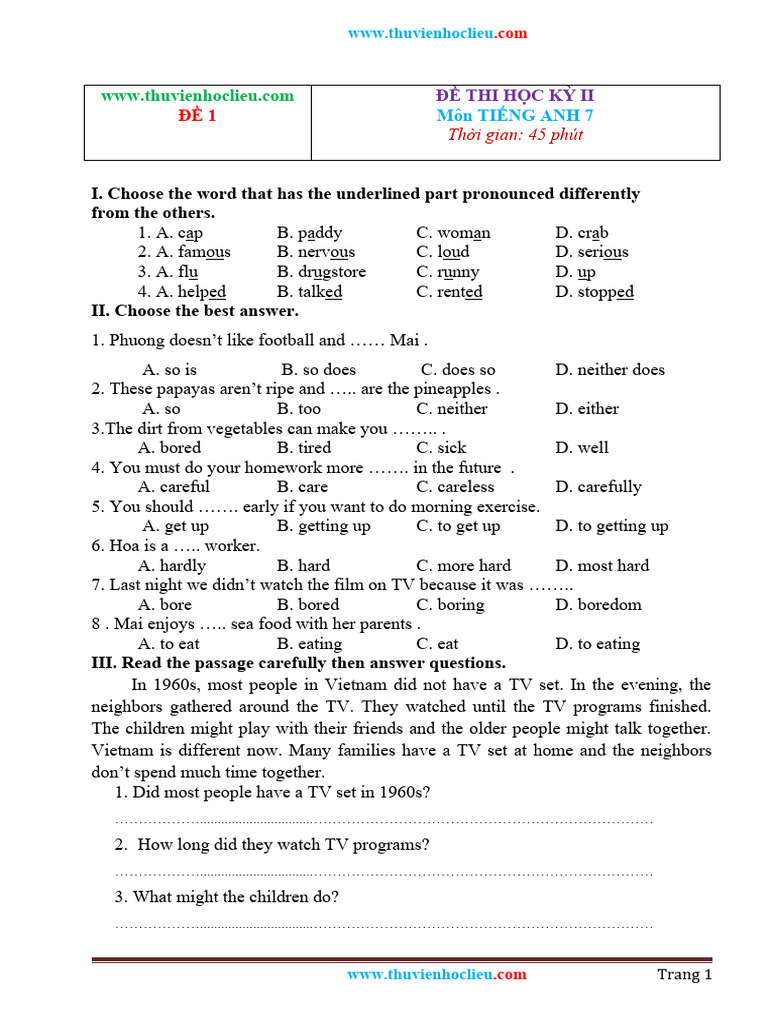 Www.thuvienhoclieu.com 10 de Thi Tieng Anh Lop 7 Hk 2 Co Dap An | PDF