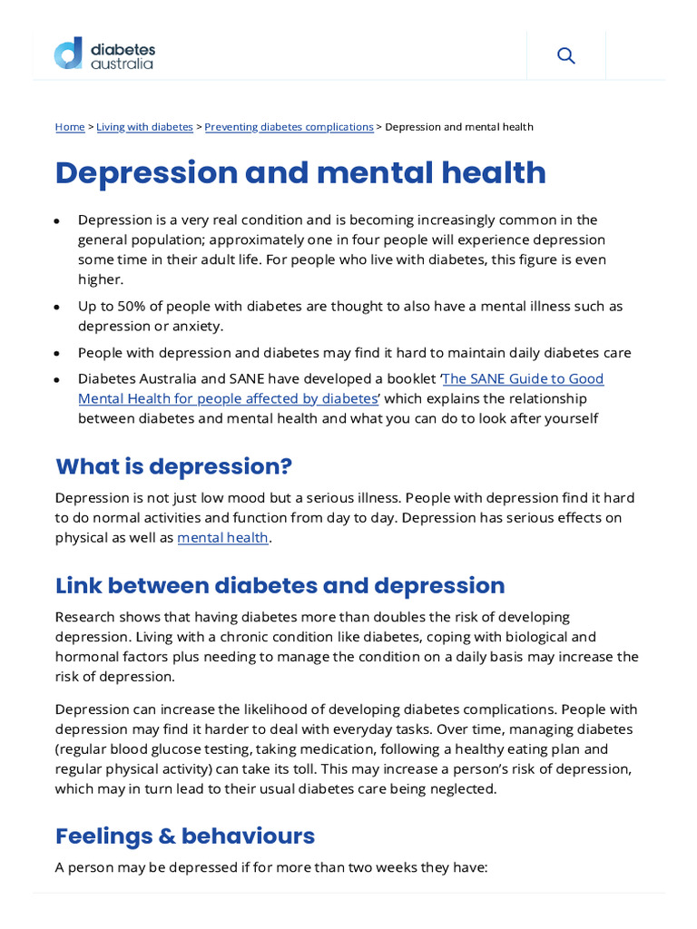 Depression and Mental Health - Diabetes Australia | PDF | Major ...