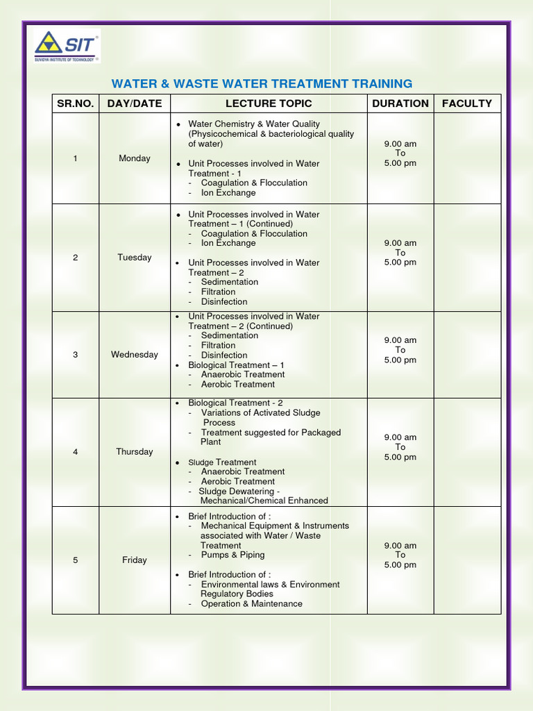 WWT Training Contents-5 Days | PDF | Water Purification | Water Treatment