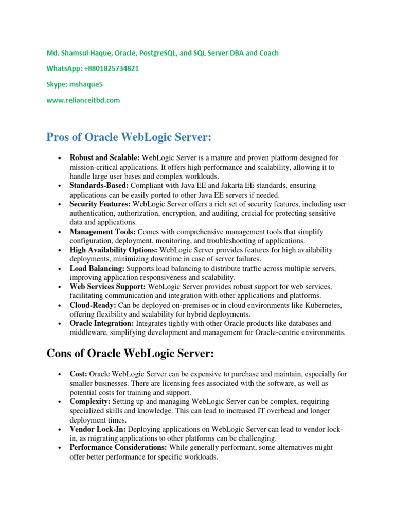 Pros and Cons of Oracle WebLogic Server | Download Free PDF | Computer Engineering | Computing
