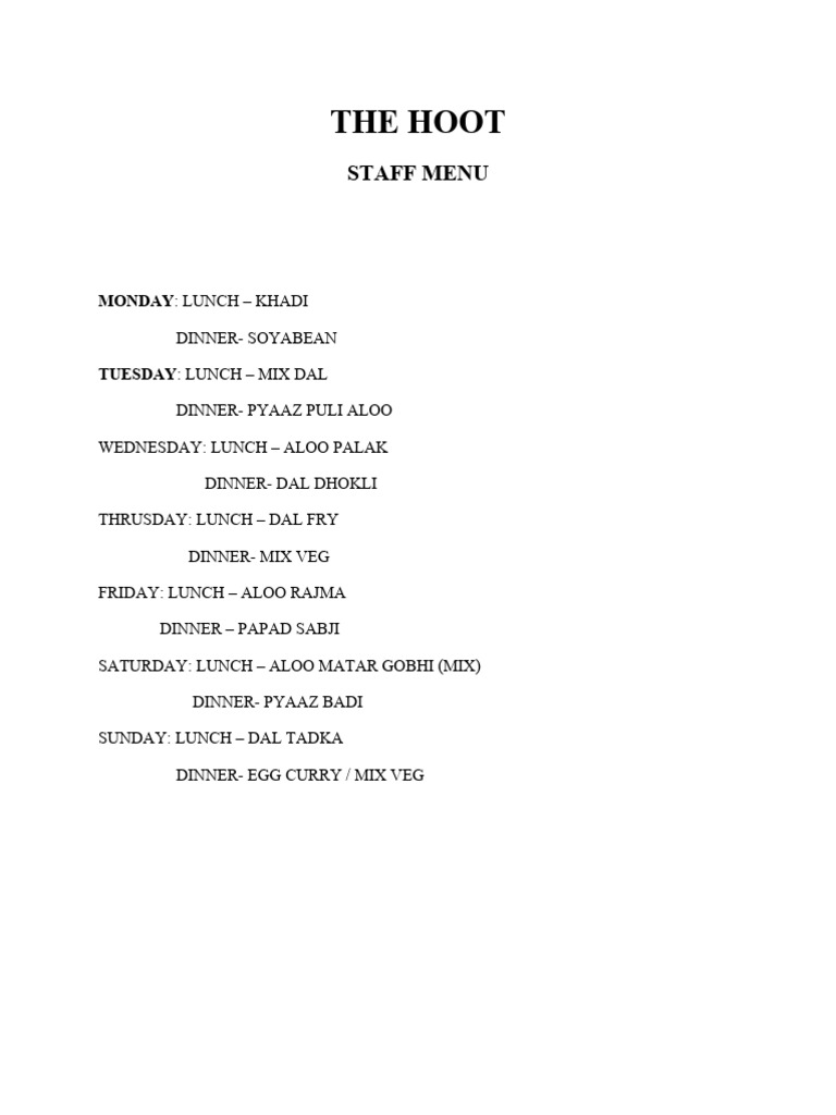 The Hoot Staff Menu | PDF