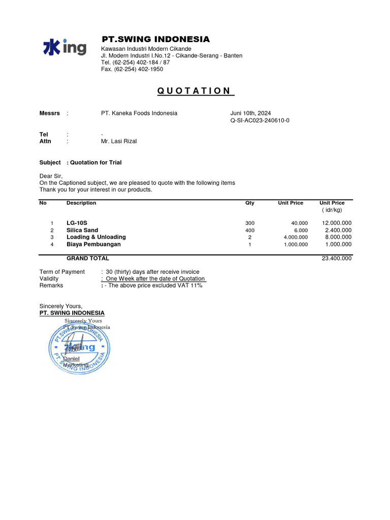 Quotation LG-10S PT. Kaneka Foods Indonesia Rev-1 | PDF