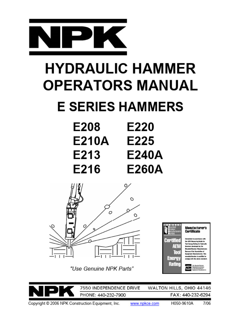 NPK Hydraulic Hammer E Series Operation | PDF | Friction | Lubricant