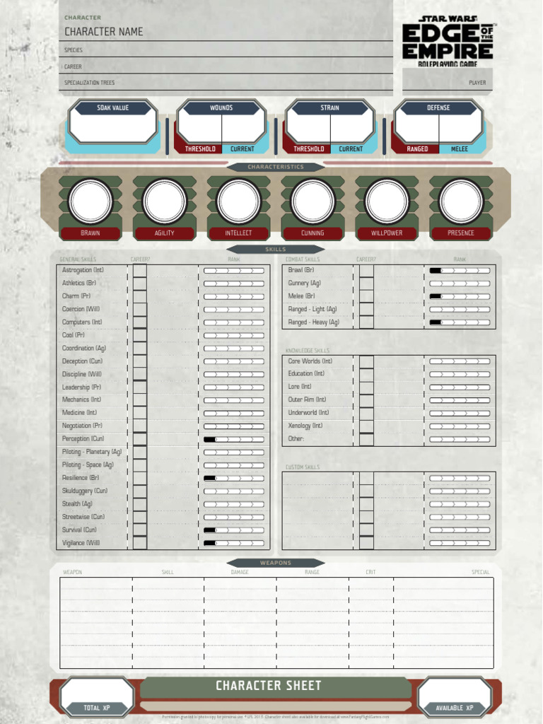 Edge of The Empire - Character Sheet - Fillable | PDF