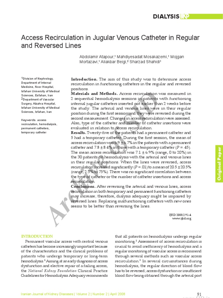 Archive of SID: Access Recirculation in Jugular Venous Catheter in ...