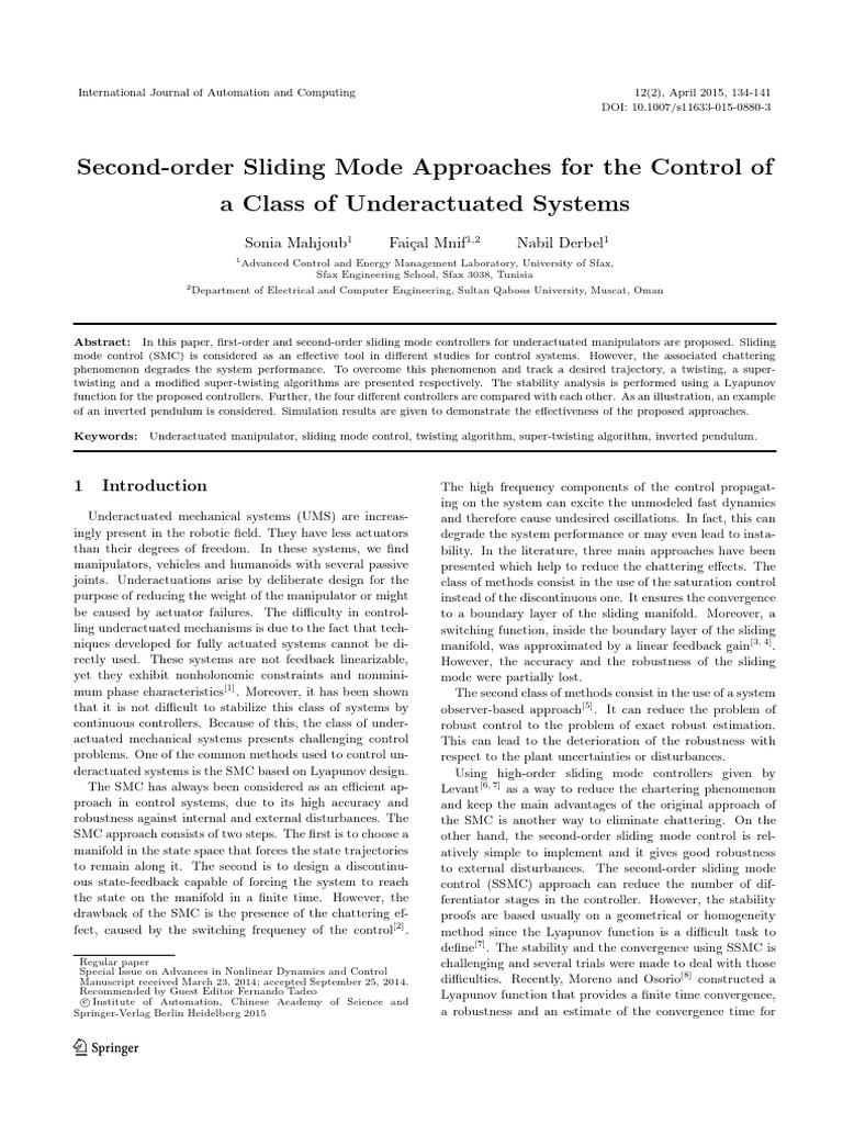 Second Order Sliding Mode Approaches For-2 | PDF | Control Theory | Mechanics