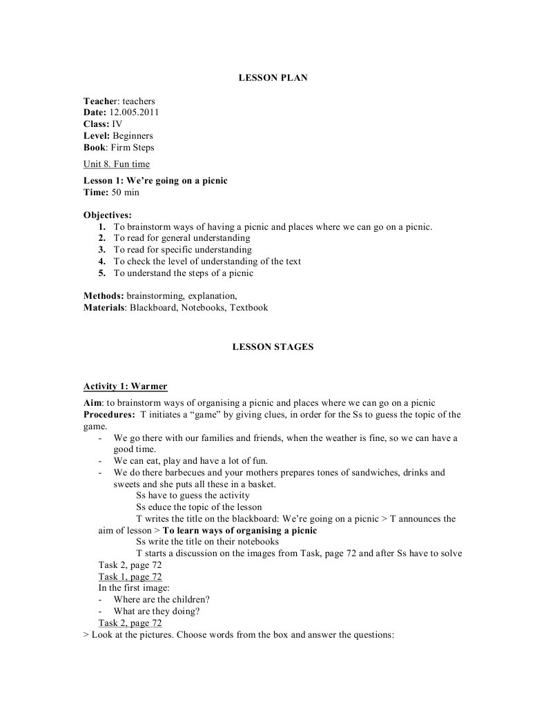 We'Re Goin On A Picnic Lesson Plan | PDF
