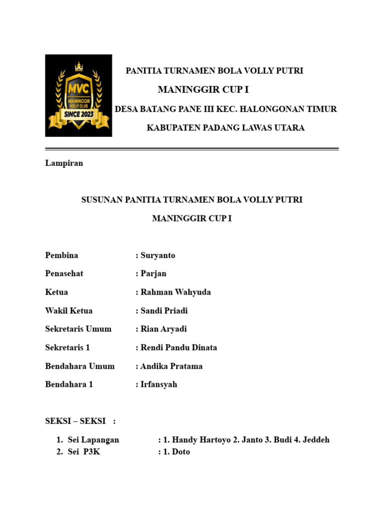 Susunan Panitia Turnamen Voli Putri | PDF