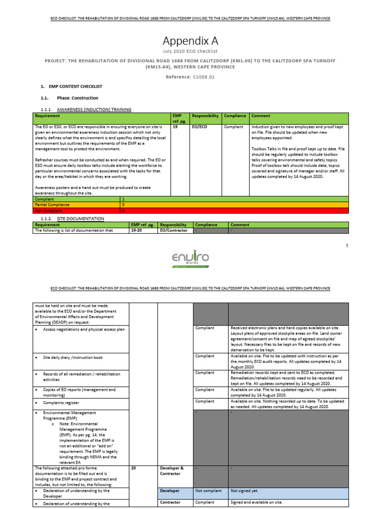 App 7b ECO Appendix A Audit Checklist July 2020 DR16888 Calitzdorp | Download Free PDF | Road ...
