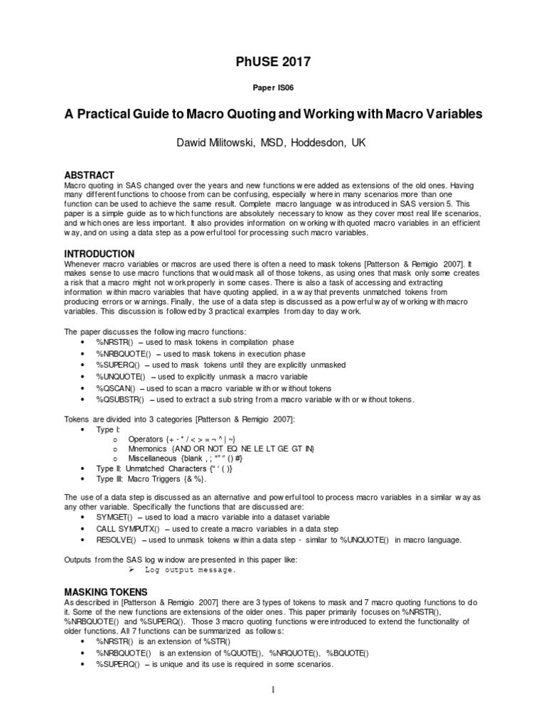 A Practical Guide To Macro Quoting and Working With Macro Variables | PDF | Macro (Computer ...