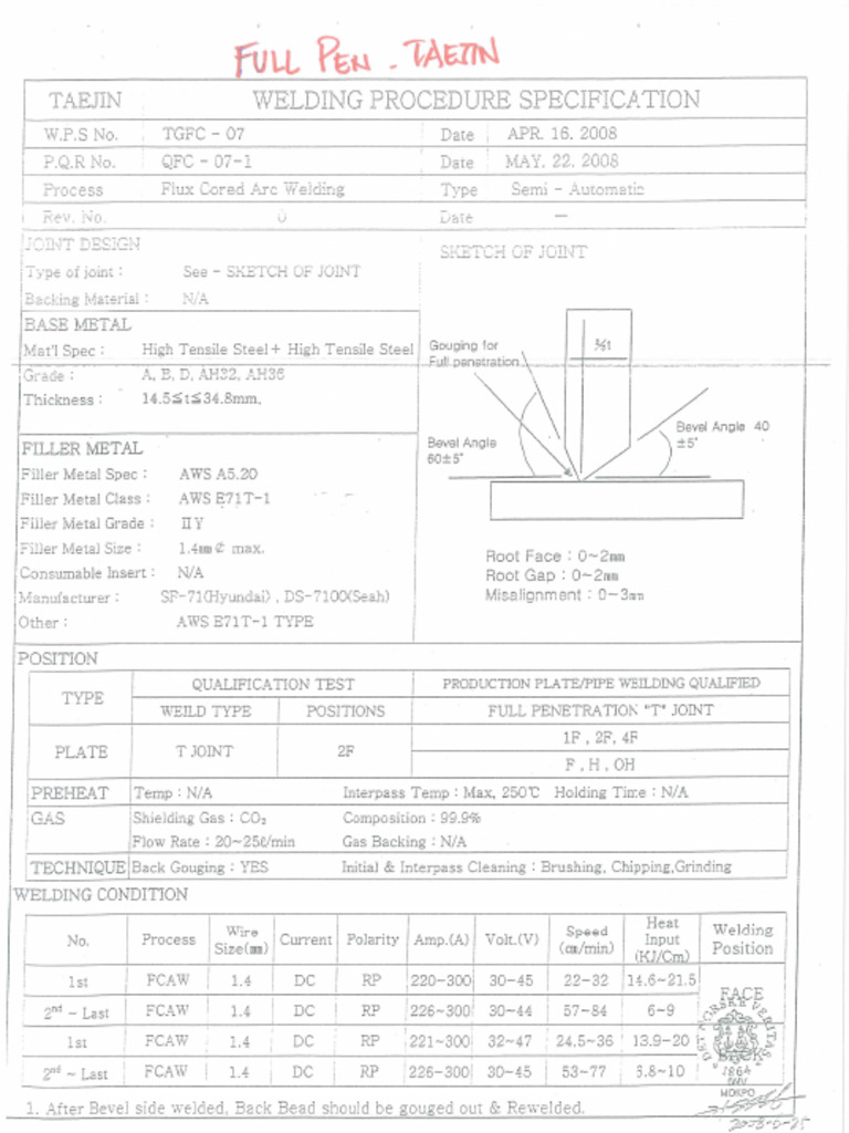 WPS of FCAW Full Penetration | PDF