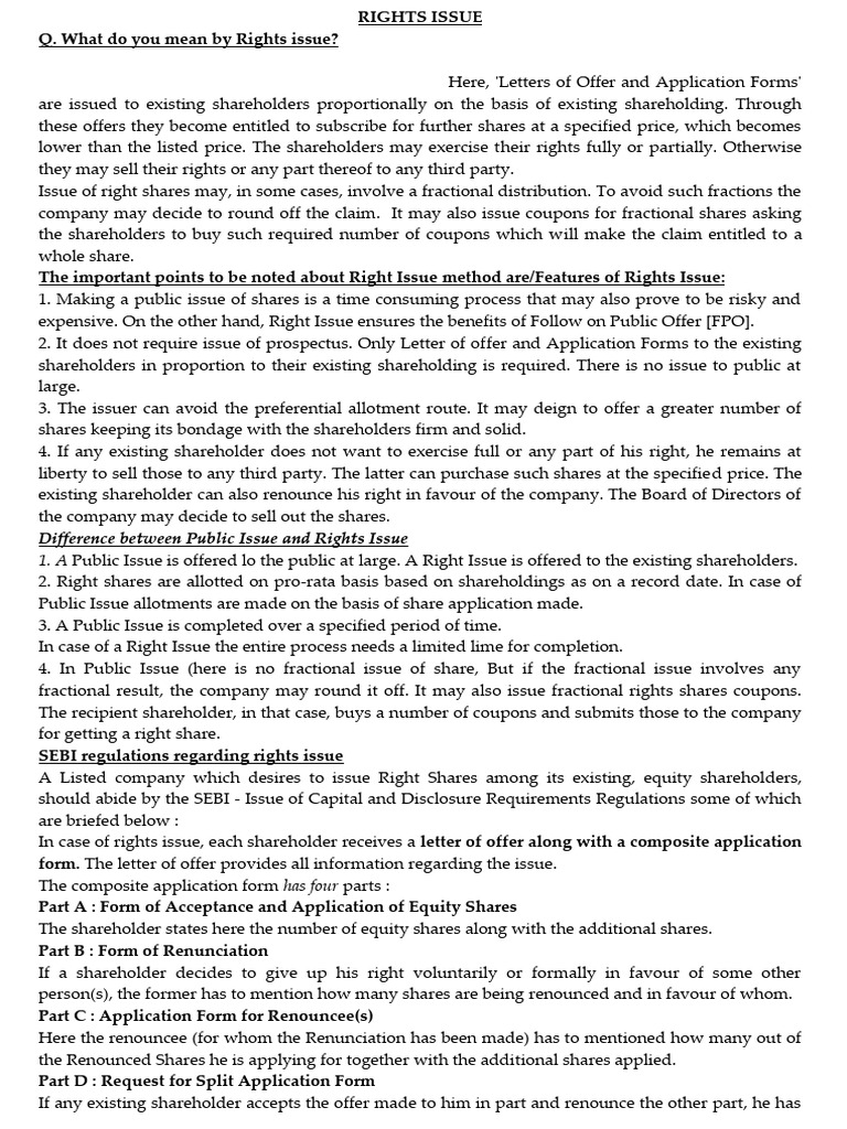 Rights Issue My Notes | PDF | Stocks | Equity (Finance) Rights Issue My Notes | PDF | Stocks | Equity (Finance)