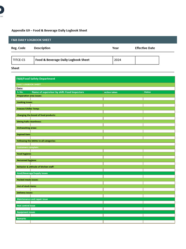Appendix G9 Food & Beverage Daily Logbook | PDF
