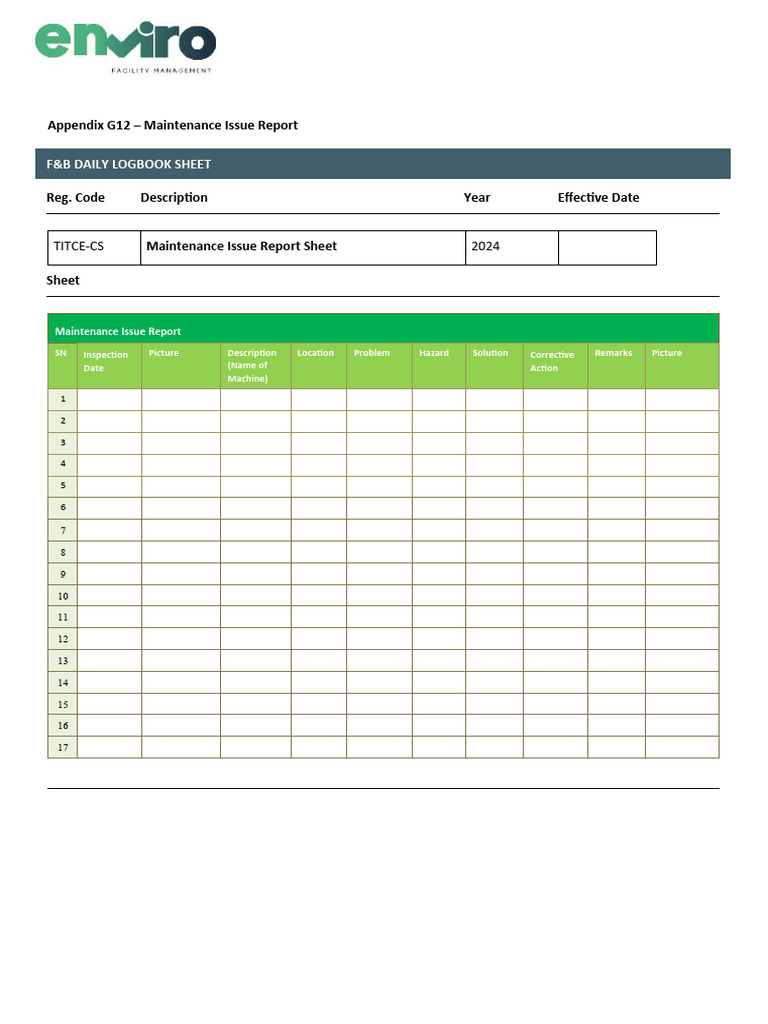 Appendix G12 - Maintenance Issue Report | PDF