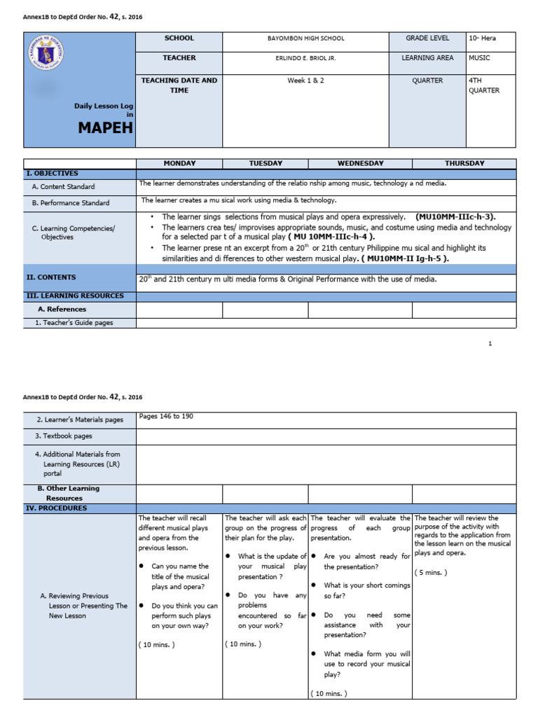 DLL - Grade 10 Music 4th Quater Second Week | PDF | Teachers | Learning