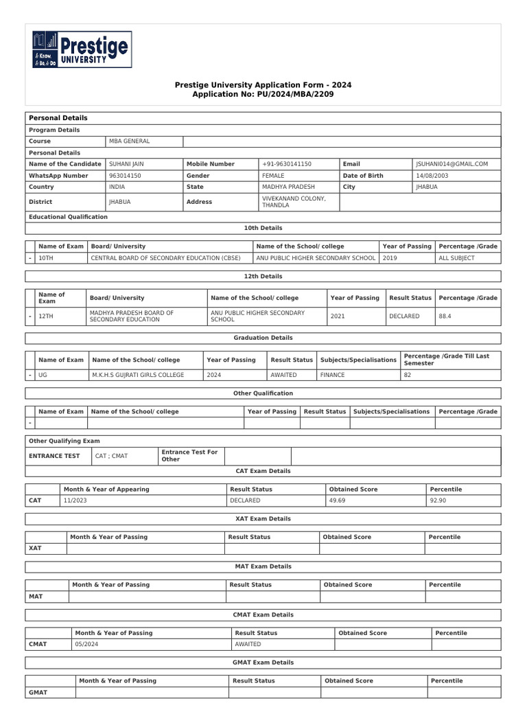 Application Form PU 2024 MBA 2209 | PDF | Tests | Educational Institutions