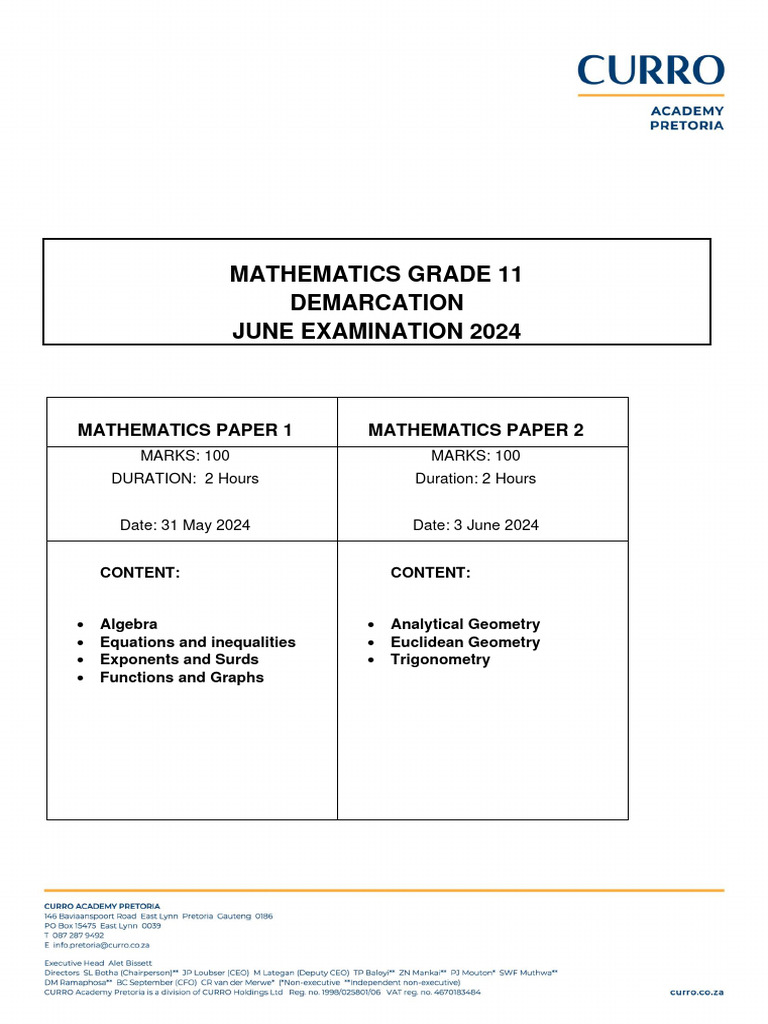 Mathematics June Exam 2024 - Revision Scope Paper1 and 2 | PDF