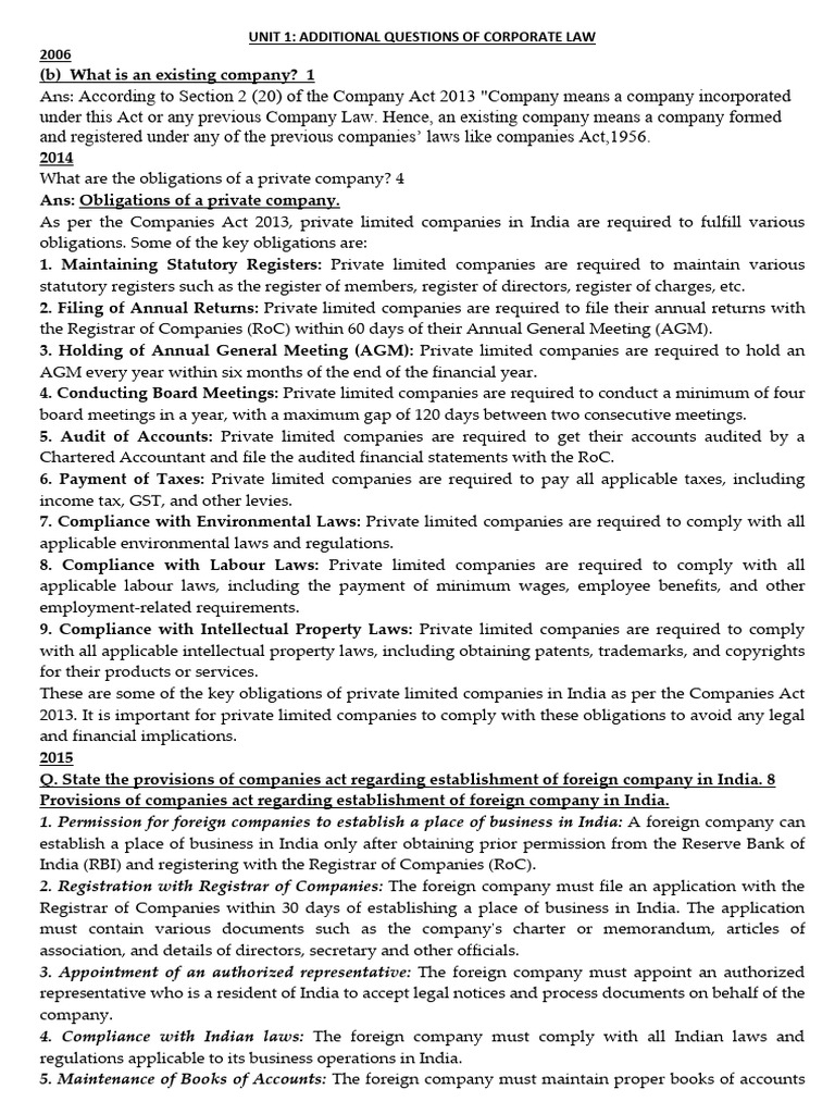 Additional Questions of Corporate Law Unit 1 | PDF | Taxes | Regulatory ...