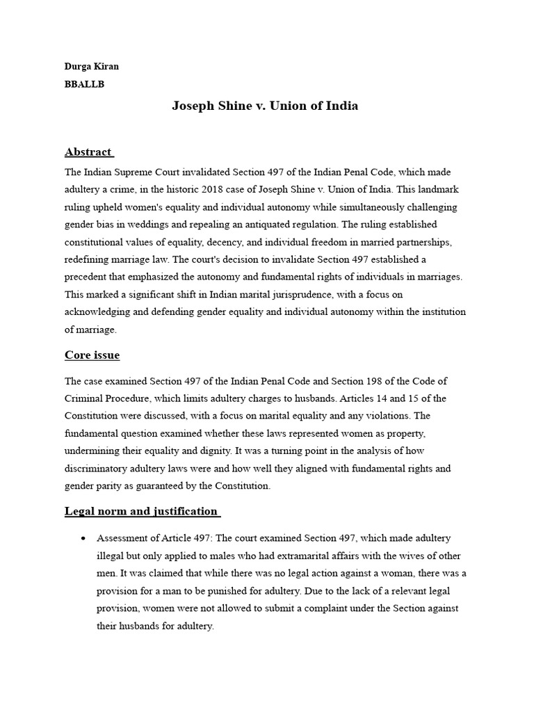 Joseph Shine VS Union of India | PDF | Adultery | Discrimination