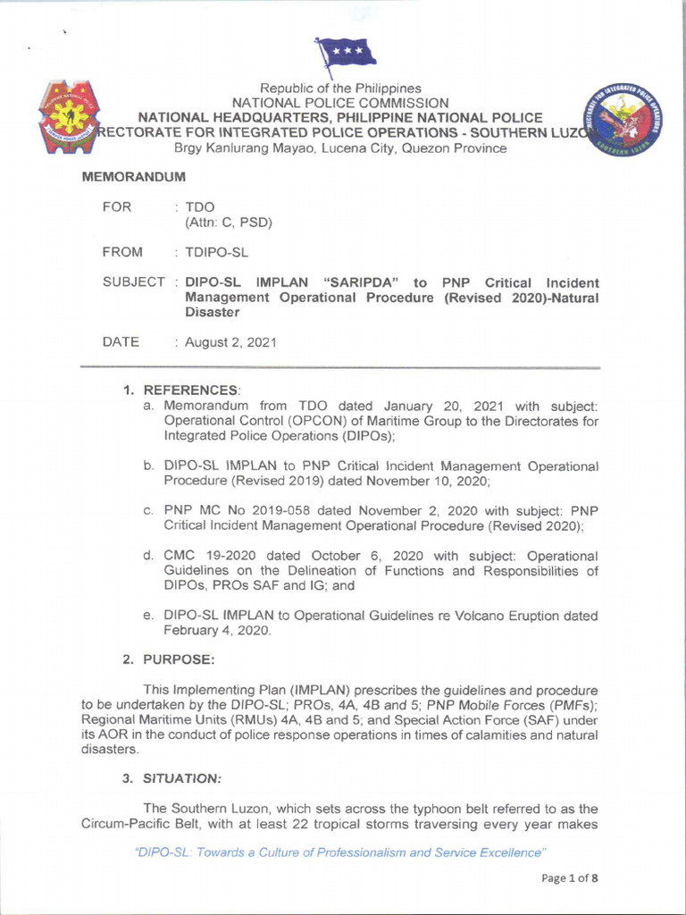 DIPO-SL IMPLAN SARIPDA to PNP Critical Incident Management Operation ...