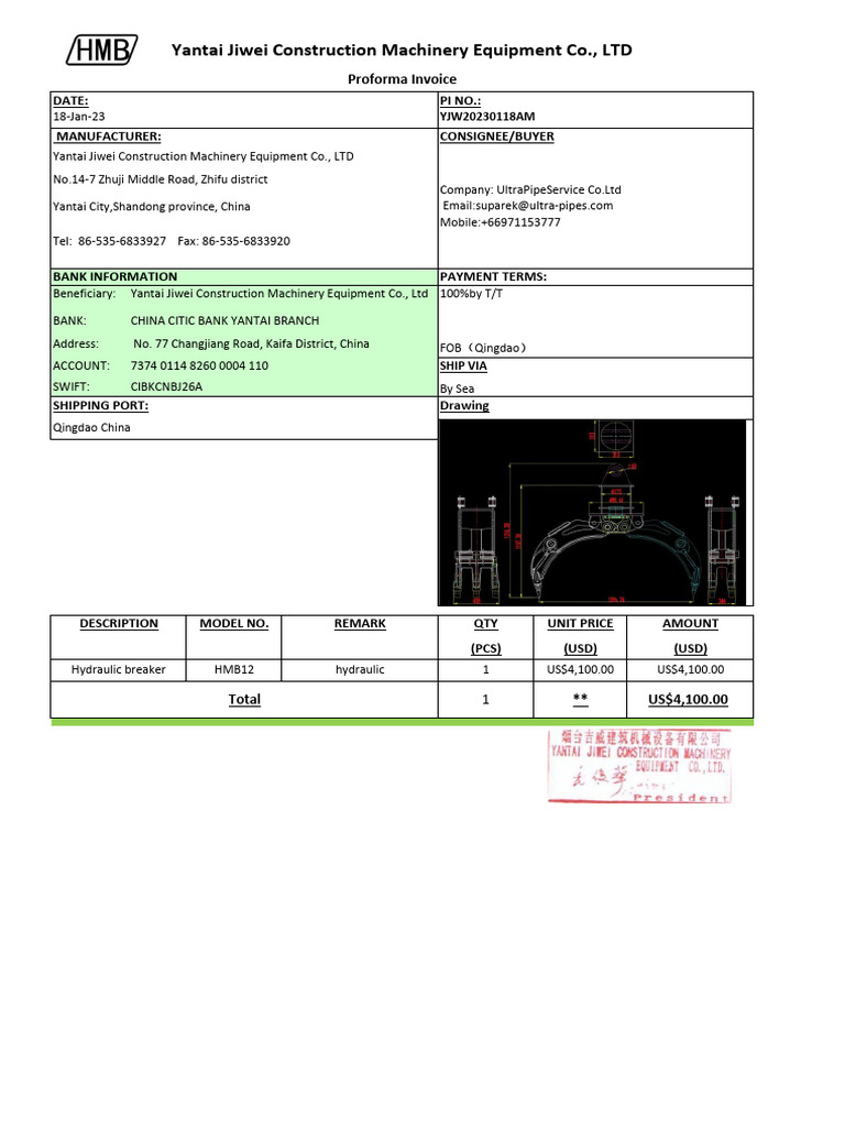 Yantai Jiwei Hydraulic Breaker Invoice | PDF