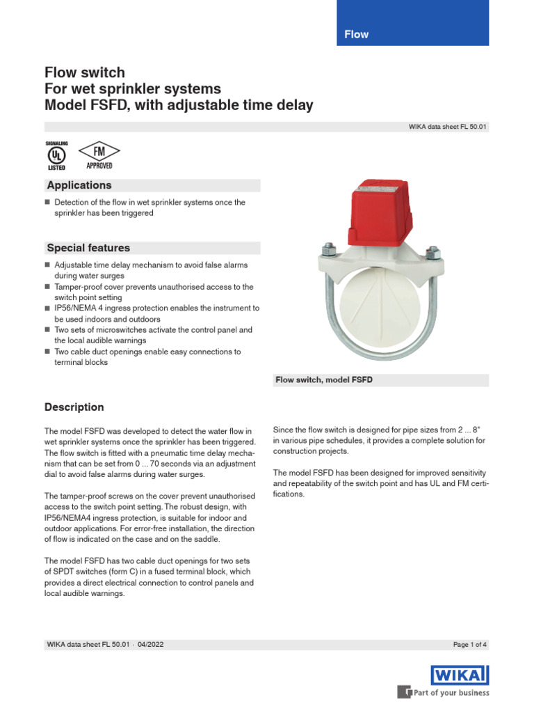 WIKA - FlOW SWITCH | PDF | Pipe (Fluid Conveyance) | Fire Sprinkler System