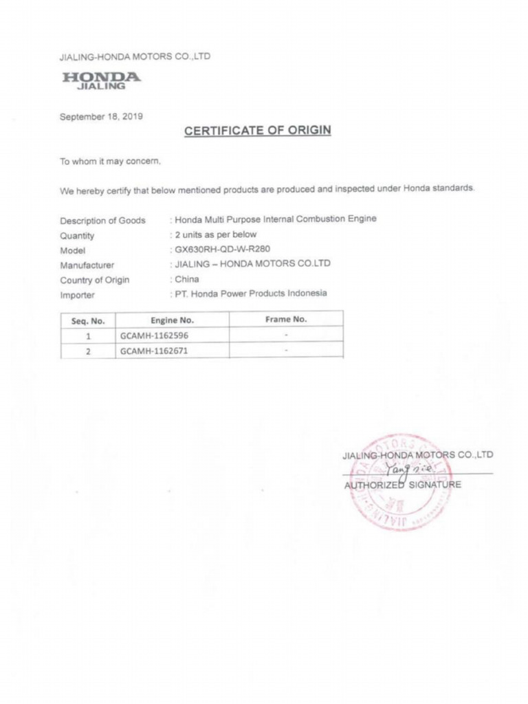 Certificate of Origin Multi Purpose Internal Combustion Engine | PDF