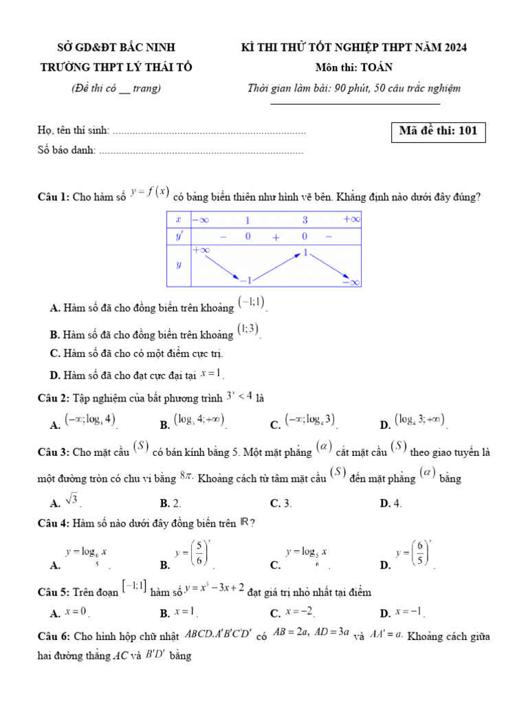 e Thi Thu TN THPT Mon Toan Nam 2024 - THPT Ly Thai To - Bac Ninh Lan 1 ...