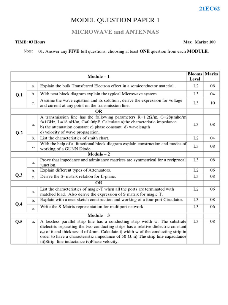 21EC62 Model Question Paper | PDF | Antenna (Radio) | Transmission Line