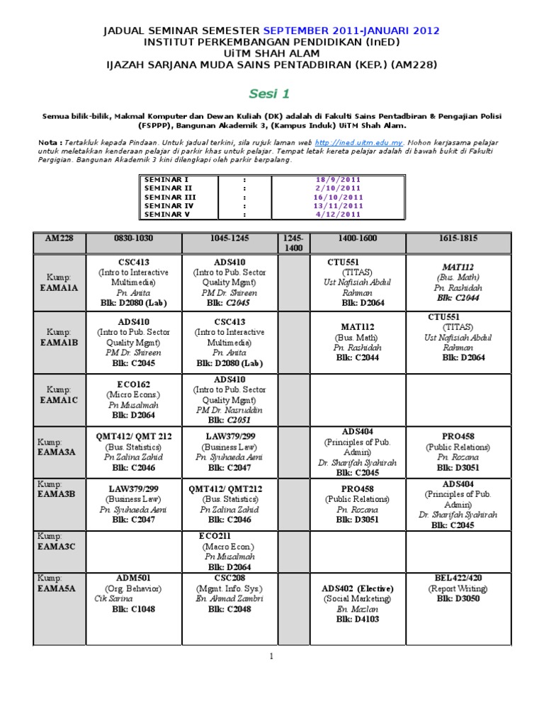 Jadual Seminar InED UiTM Shah Alam | PDF