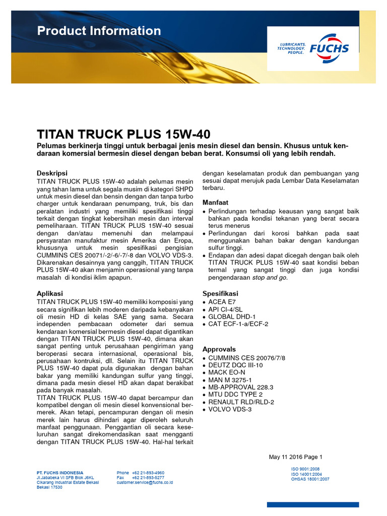Pelumas Titan Truck Plus 15W-40 | PDF