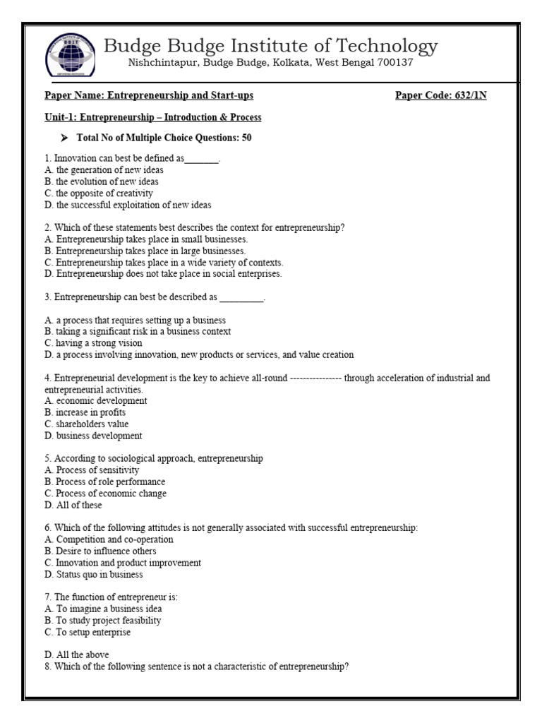 Unit1_Introduction - Process_MCQ | PDF | Entrepreneurship | Venture Capital Unit1_Introduction - Process_MCQ | PDF | Entrepreneurship | Venture Capital