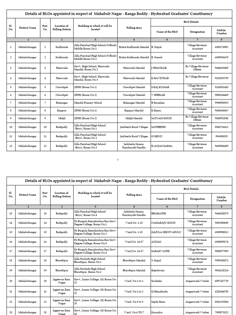 BLO Detail of MBNR-RR-HYD Graduates Constituency | PDF