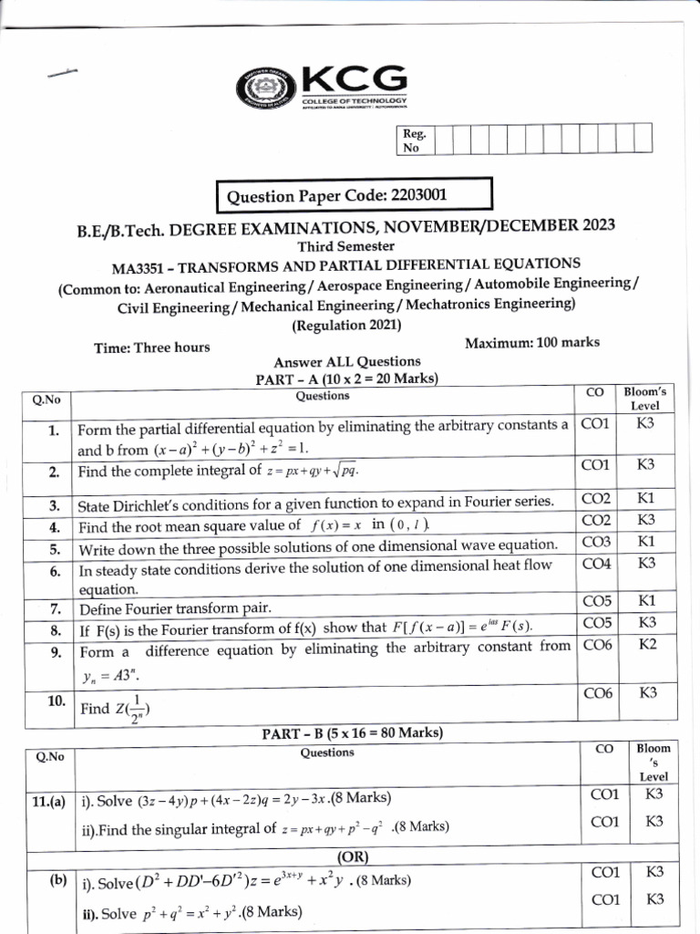 MA3351 Transforms and Partial Differential Equtions | PDF | Mathematical Physics | Algebra