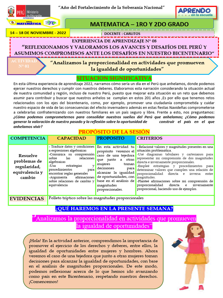 Experiencia de Aprendizaje #08 - Actividad #01 - 1er y 2do Grado - Matematica | PDF | Matemáticas
