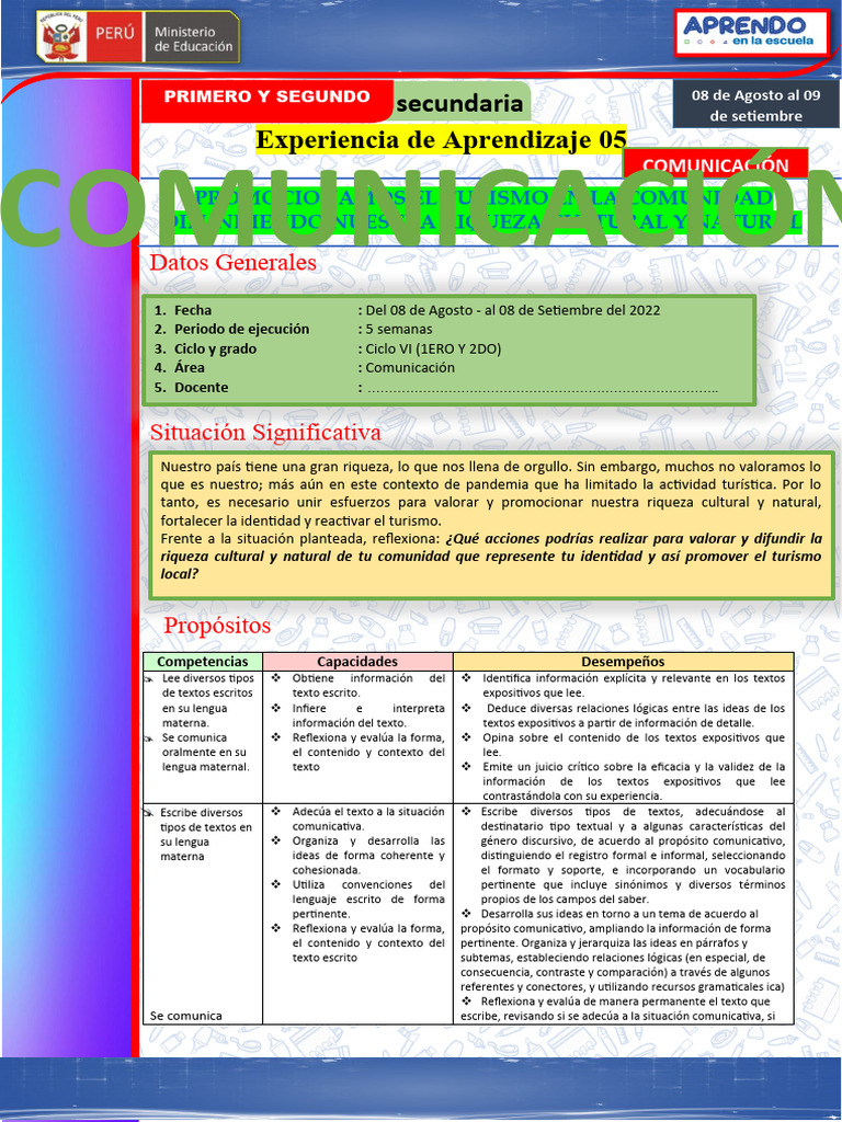Experiencia de Aprendizaje 05 - 1ero y 2do - Comunicación - 2022 | PDF | Evaluación | Aprendizaje