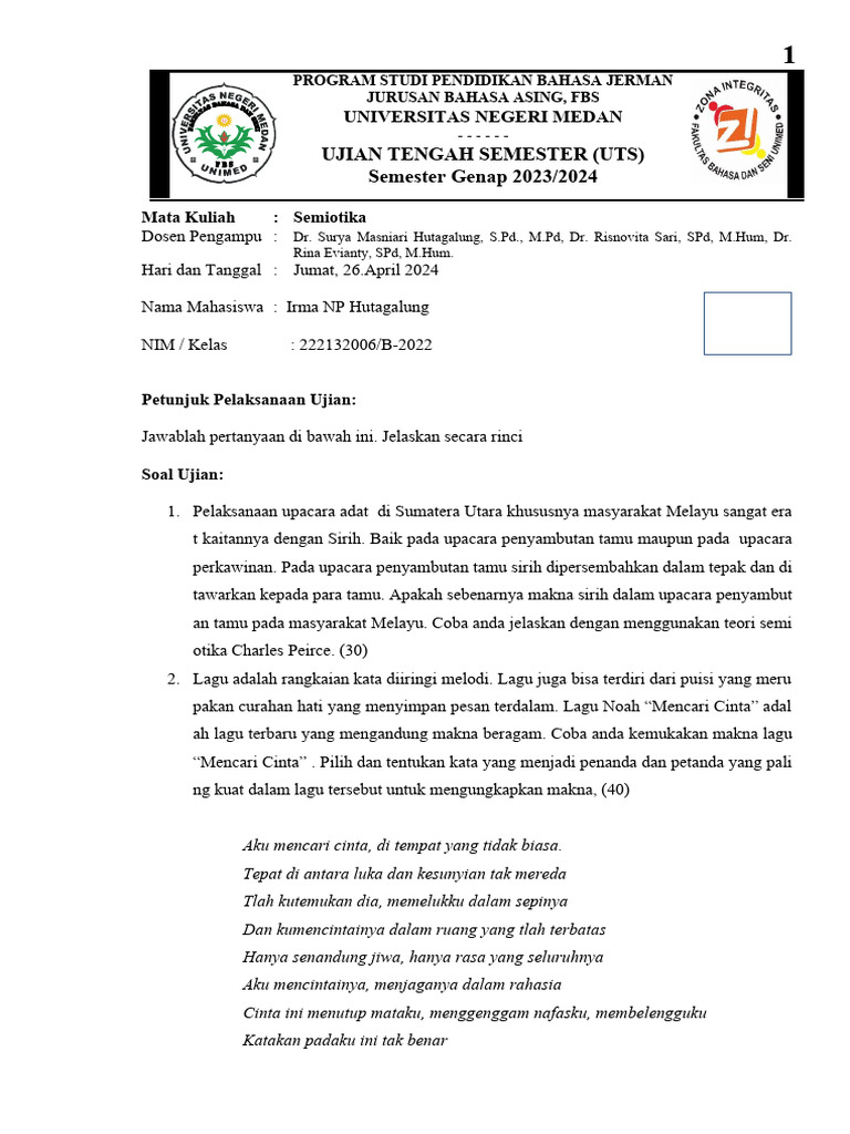 UTS Semiotika-Irma NP Hutagalung | PDF