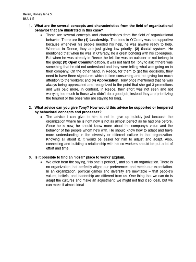 Belen, Honey Jane S. - Case Study | PDF | Leadership | Behavior