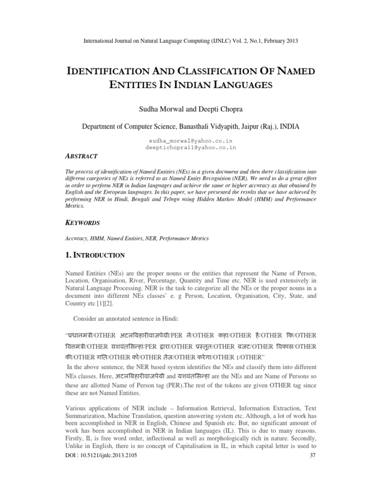 Identification and Classification of Named Entities in Indian Languages | PDF | Linguistics ...