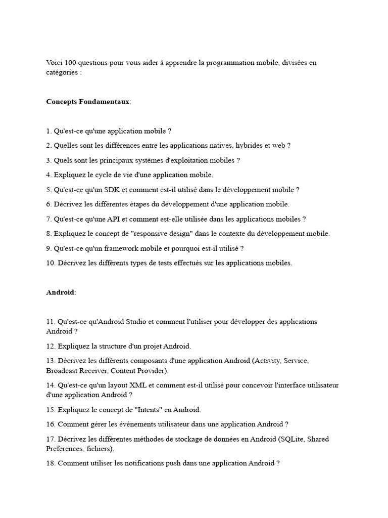 100 Questions Programmation Mobile | PDF | Application | Android (Système d'exploitation)