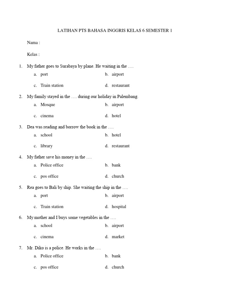 LATIHAN PTS BAHASA INGGRIS KELAS 6 SEMESTER 1 | PDF