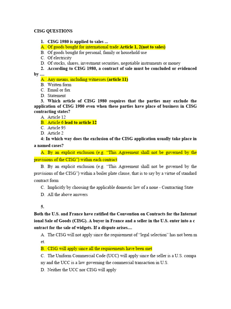 CISG Questions 1 | PDF | Offer And Acceptance | Contractual Term