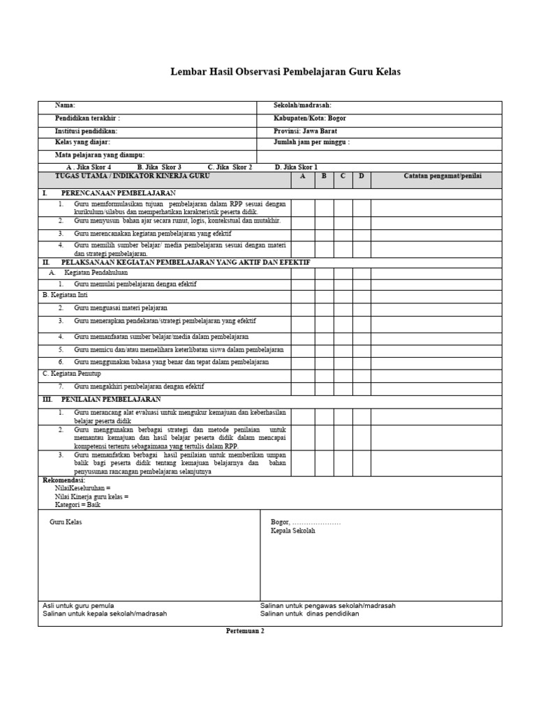 Ceklis Observasi Pembelajaran Guru Kelas | PDF